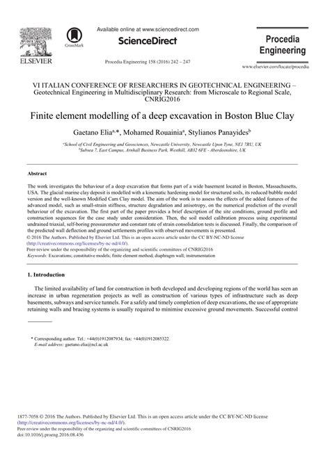 Pdf Finite Element Modelling Of A Deep Excavation In Boston Blue Clay