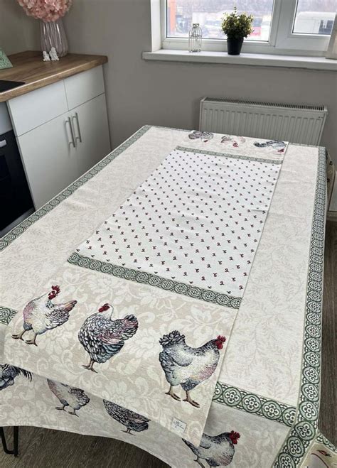 Farmhouse Tapestry Chicken Table Runner Colourful Roosters Kitchen