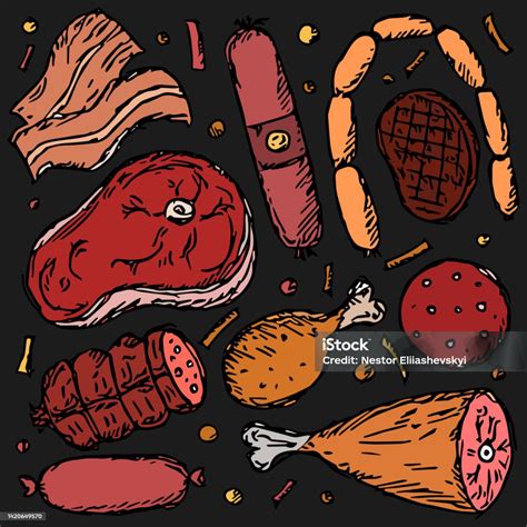 컬러 고기 아이콘 육류 제품 아이콘이 있는 낙서 벡터 일러스트 레이 션 고기에 대한 스톡 벡터 아트 및 기타 이미지 고기 굽기 낙서 드로잉 Istock