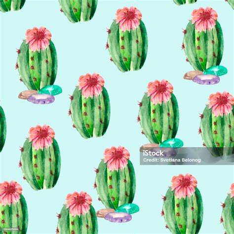 녹색 육즙 타원형 선인장 돌과 섬세한 핑크 꽃과 매끄러운 패턴 식물 배경 섬유 벽지 포장 침구 및 문구류에 대한 밝은 사막 테마