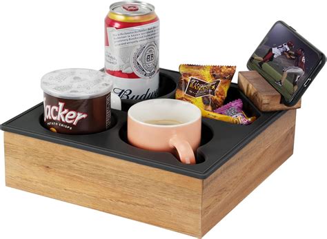 Wooden Serving Tray With Cup Holder Coffee Table Rustic Cookie Caddy Drink Tray
