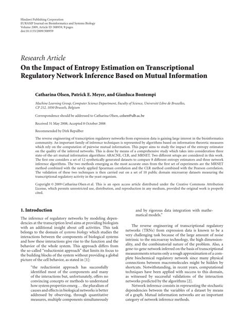 Pdf On The Impact Of Entropy Estimation On Transcriptional Regulatory Network Inference Based