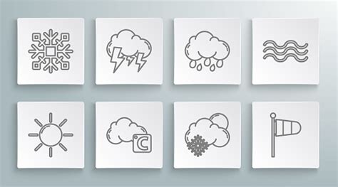세트 라인 태양 폭풍 섭씨 및 구름 눈 태양과 구름 원뿔 기상학 Windsock 바람개비 비 파도 및 눈송이 아이콘 벡터 0명에 대한 스톡 벡터 아트 및 기타 이미지