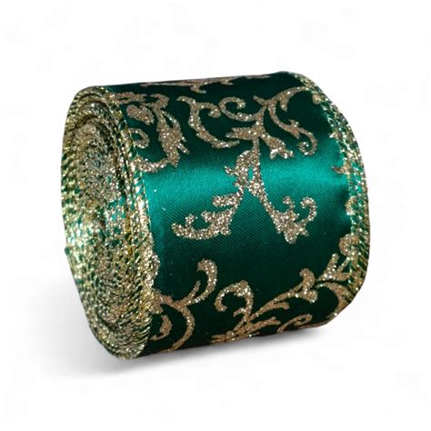 Emerald Green Ribbon With Gold Glitter Pattern 63mm Width 9m Roll