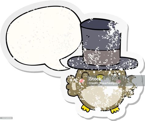 만화 올빼미는 연설 거품 고민 고민 오래 된 스티커와 모자를 쓰고 귀여운에 대한 스톡 벡터 아트 및 기타 이미지 귀여운