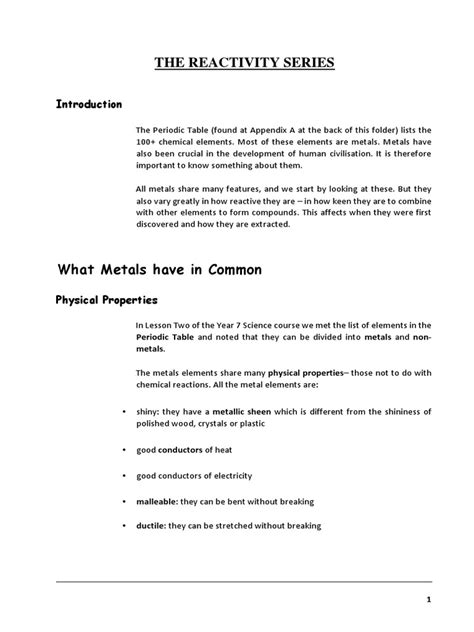 The Reactivity Series Notes Pdf Oxide Magnesium