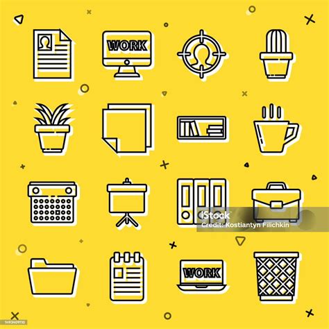 세트 라인 쓰레기통 서류 가방 커피 컵 헤드 헌팅 개념 포스트 노트 스티커 식물 냄비 이력서 및 책 아이콘이 있는 선반 벡터 가방에 대한 스톡 벡터 아트 및 기타 이미지