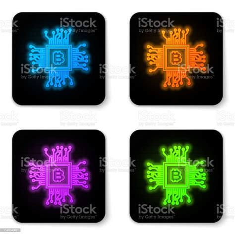 빛나는 네온 Cpu 채광 농장 아이콘 흰색 배경에 고립 비트 코인은 프로세서 내부 로그인 암호 화폐 채굴 커뮤니티 디지털 머니 검은색 사각형 단추입니다 벡터 일러스트 Cpu