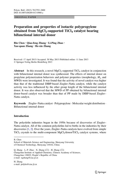 Pdf Preparation And Properties Of Isotactic Polypropylene Obtained