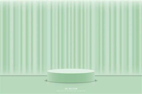 추상적인 3d 녹색 실린더 연단 받침대 무대는 호화로운 커튼 배경으로 현실적이다 쇼 제품 모형 또는 템플릿을 위한 무대 3d