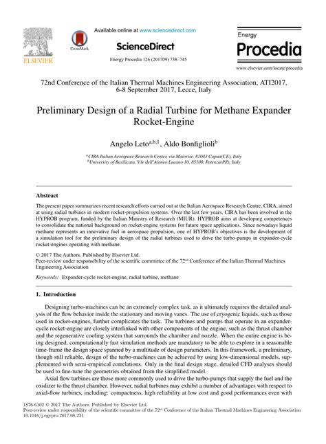 Pdf Preliminary Design Of A Radial Turbine For Methane Expander Rocket Engine
