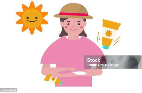 그의 피부에 자외선 차단제를 바르는 소녀 여름 피부 관리 벡터 일러스트 레이 션 보호에 대한 스톡 벡터 아트 및 기타 이미지 보호 태양 하늘 모자 모자류 Istock