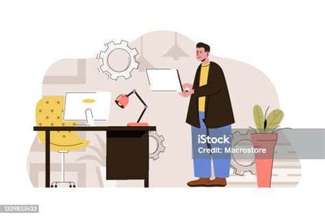 컴퓨터 기술 개념 개발자는 랩톱에서 작동하며 소프트웨어 상황을 만듭니다 사무실 사람들 장면에서 프로그래머 웹 사이트 및 모바일