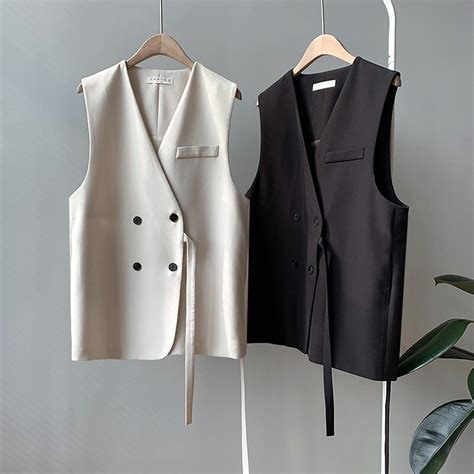 한국 정장 조끼 2019 봄 신제품 루즈한 V넥 짧은 조끼 오피스 레이디 더블 브레스트 비대칭 레이스 업 조끼 코트조끼and허리코트 Aliexpress