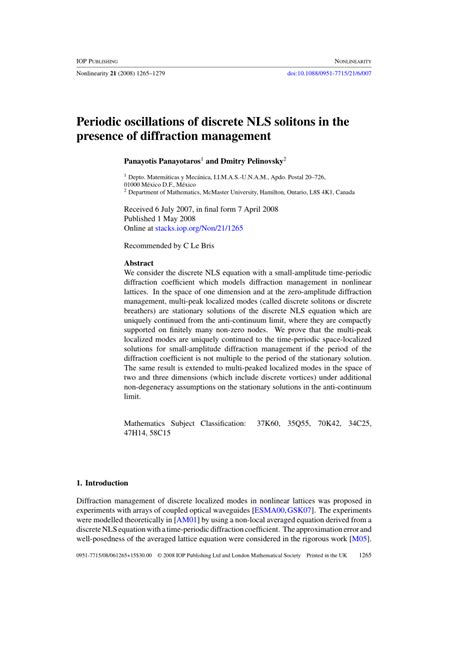 Pdf Periodic Oscillations Of Discrete Nls Solitons In The Presence Of Diffraction Management