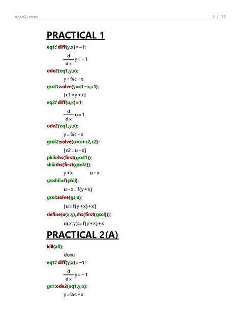 Pde Practicals In Maxima Software Practical 1 D D X Y − 1 Eq1diff