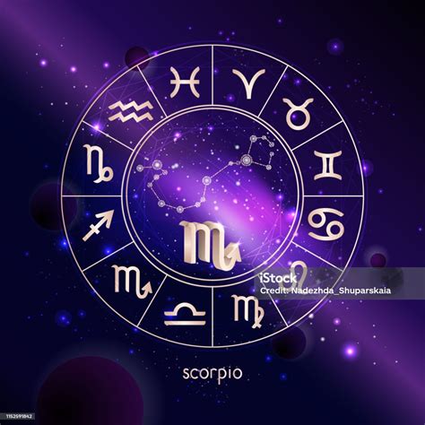 벡터 일러스트 레이 션의 3d 기호 및 별자리 전갈 자리는 공간 배경에 대 한 별자리 원 3차원 형태에 대한 스톡 벡터 아트 및 기타 이미지 3차원 형태 게자리 궁수