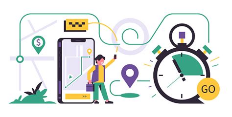 택시 주문 서비스 모바일 응용 프로그램 개념 디스플레이에 택시를 주문하기위한 응용 프로그램과 전화 도시 택시 서비스 도시지도 스톱워치 라인 행복한 남자 플랫 벡터