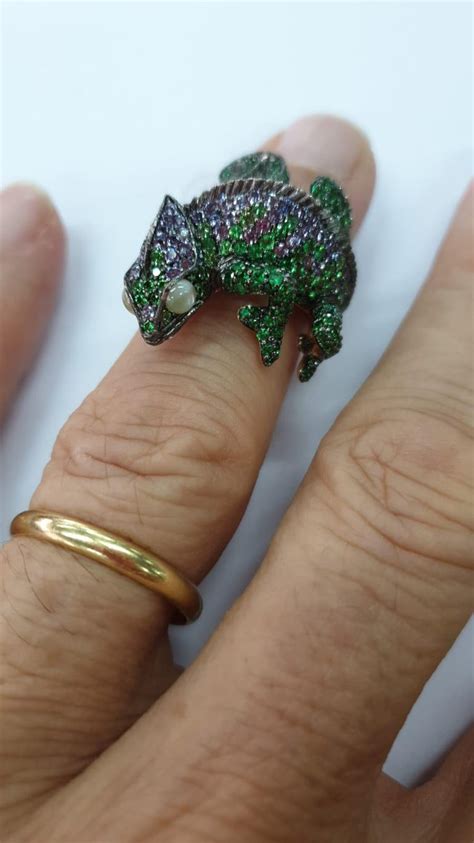 18 Karat White Gold Diamond Sapphire Pearl Tsavorite Precious Chameleon