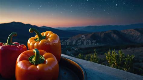 Sweet Bell Peppers At Sunset Over Mountain Range Stock Illustration