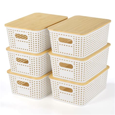Gracie Oaks Plastic Storage Baskets With Bamboo Lid Plastic Storage Containers Stackable