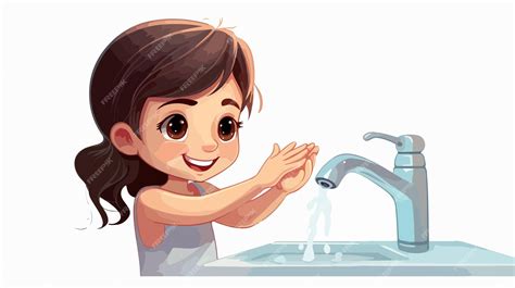 La Adorable Chica De Dibujos Animados Se Lava Las Manos En El Agua Del