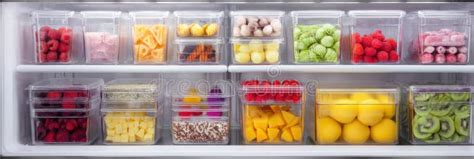 Organized Interior Of Modern Freezer Showcasing Neatly Stored Frozen Fruits And Treats In Clear