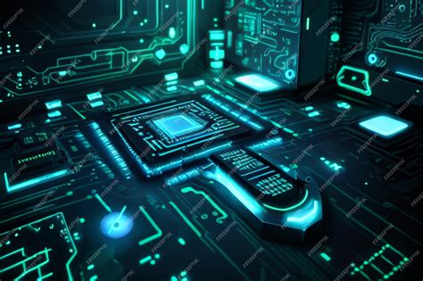 Premium Photo Futuristic Computer Chip Glows Blue In Abstract Circuit Board Pattern