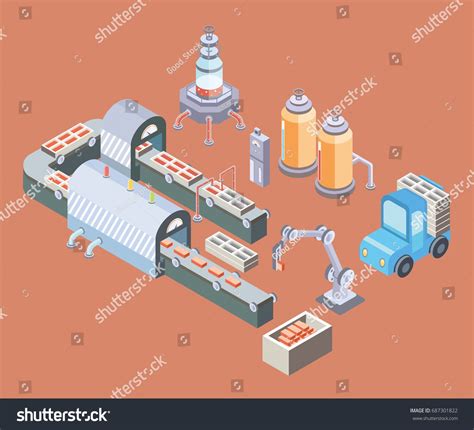 Automated Production Line Factory Floor With Conveyor And Various