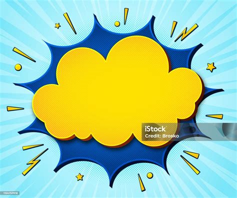 만화 배경입니다 하프 톤과 음향 효과와 노란색 파란색 연설 거품 팝 아트 스타일의 만화 포스터 3차원 형태에 대한 스톡 벡터