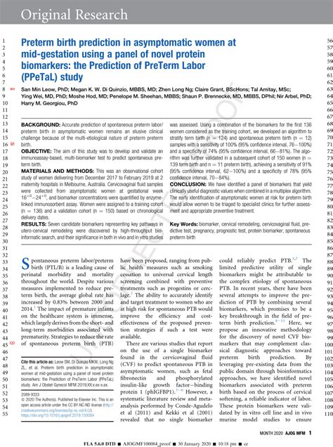 Pdf Preterm Birth Prediction In Asymptomatic Women At Mid Gestation Using A Panel Of Novel