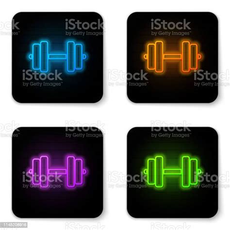 빛나는 네온 덤 벨 아이콘 흰색 배경에 고립 근육 리프팅 아이콘 피트 니스 바 벨 체육관 아이콘 스포츠 장비 기호 운동 붐 벨 검은색 사각형 단추입니다 벡터 일러스트 강철에