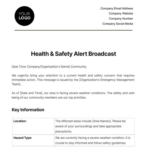 Health And Safety Alert Broadcast Template Edit Online And Download