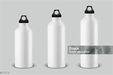 벡터 현실적인 3 차원 다른 크기소형 중형 대형빈 광택 금속 물 병 검은 마 개 아이콘으로 흰색 바탕에 근접 촬영을 설정합니다