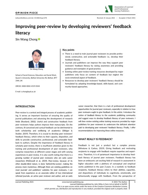 Pdf Improving Peer Review By Developing Reviewers Feedback Literacy