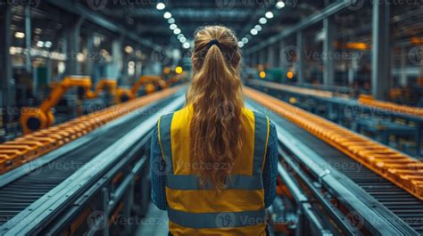 A Worker In A Reflective Vest Monitors An Automated Assembly Line In A