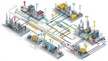 Detailed Isometric Refinery Layout Showing Animated Workflow Arrows For