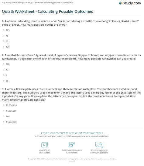 quiz and worksheet calculating possible outcomes