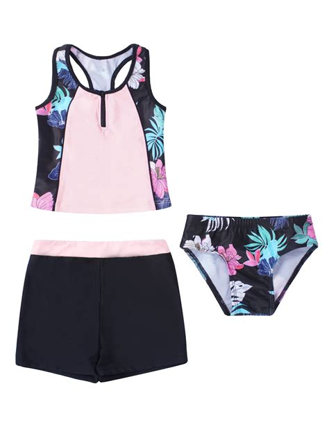 Iefiel Preteen Girls Striped 3 Piece Bathing Suit Tankini Set Sizes 4