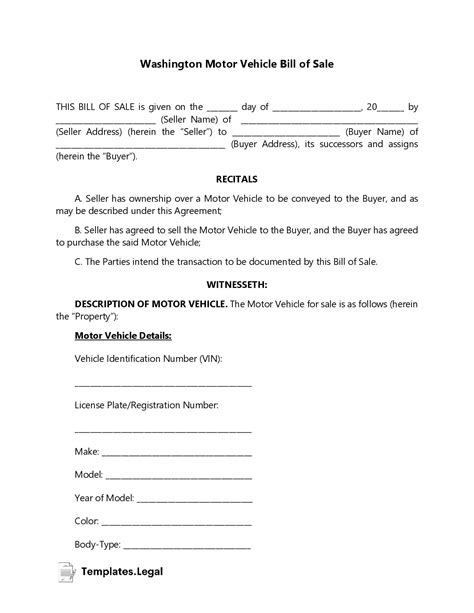Washington Bill Of Sale Templates [free] Word Pdf Odt