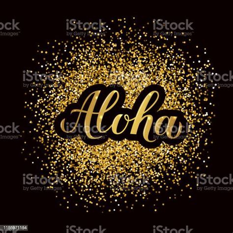 골드 반짝이 질감 배경에 알로하 서예 문자 여름 휴가 개념입니다 손으로 쓴 하와이 어 구문 안녕하세요 디자인 배너 포스터 전단지를위한 벡터 템플릿 로고에 대한 스톡 벡터