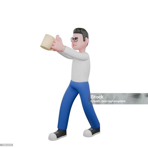 만화 스타일의 3d 모델 일러스트 레이 션에 비디오 편집기 한 남성 영상 편집자가 들뜬 표정으로 양손으로 커피잔을 들고 오른쪽으로 걸어가고 있다 디자인 캐릭터 3차원 형태에