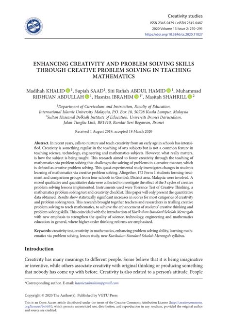 Pdf Enhancing Creativity And Problem Solving Skills Through Creative Problem Solving In