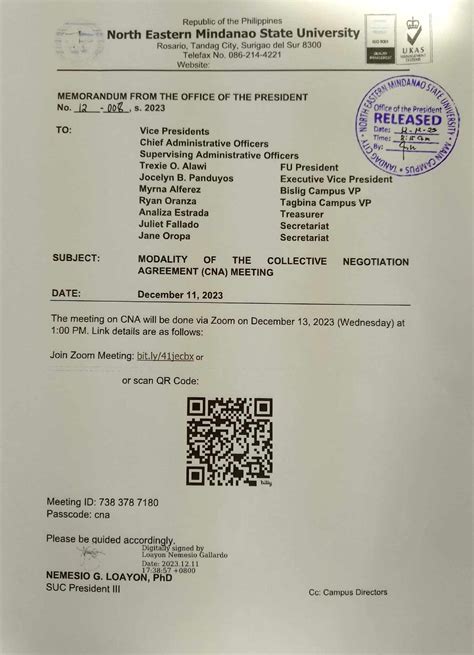 Memo No S Modality Of The Collective Negotiation Agreement CNA Meeting North