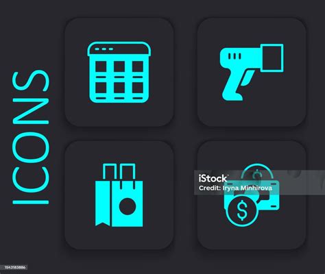 스택 지폐 현금 온라인 쇼핑 화면 스캐너 스캔 바코드 및 종이 봉지 아이콘을 설정합니다 검은색 사각형 버튼입니다 벡터 0명에