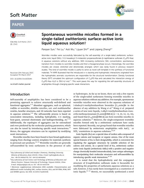 Pdf Spontaneous Wormlike Micelles Formed In A Single Tailed Zwitterionic Surface Active Ionic