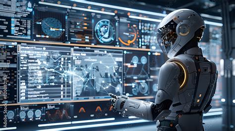 Futuristic Ai Concept With Humanoid Robot And Holographic Interface