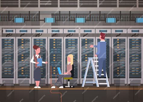 Premium Vector People Working In Data Center Room Hosting Server