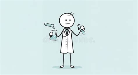 Stickman Scientist Holds Beakers And Test Tubes Against A Light Blue