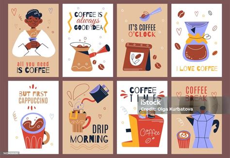 커피 카드 아침 식사 음식과 뜨거운 음료 요소 메이커 및 그라인더 아침 음료 애호가 양조 머그잔과 냄비 텍스트가있는 손으로 그린 포스터 멋진 벡터 만화 플랫 세트 가방에